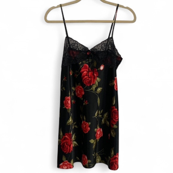 Vintage | Dresses | Y2k Black Red Rose Print Satin Lace Trim Mini Slip ...